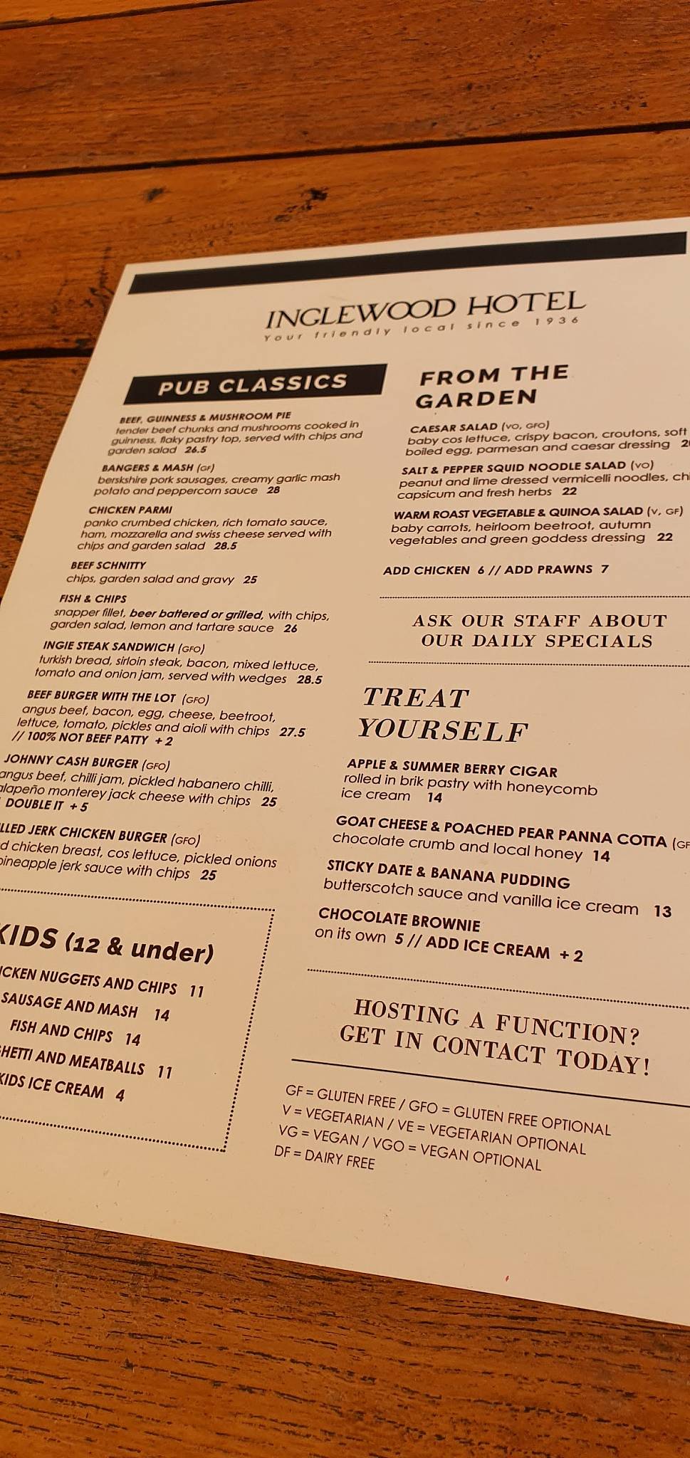 Menu at Inglewood Hotel Perth pub & bar, Mount Lawley