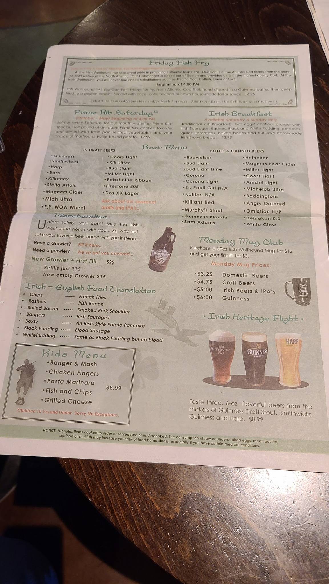 Menu at Irish Wolfhound Restaurant & Pub, Surprise