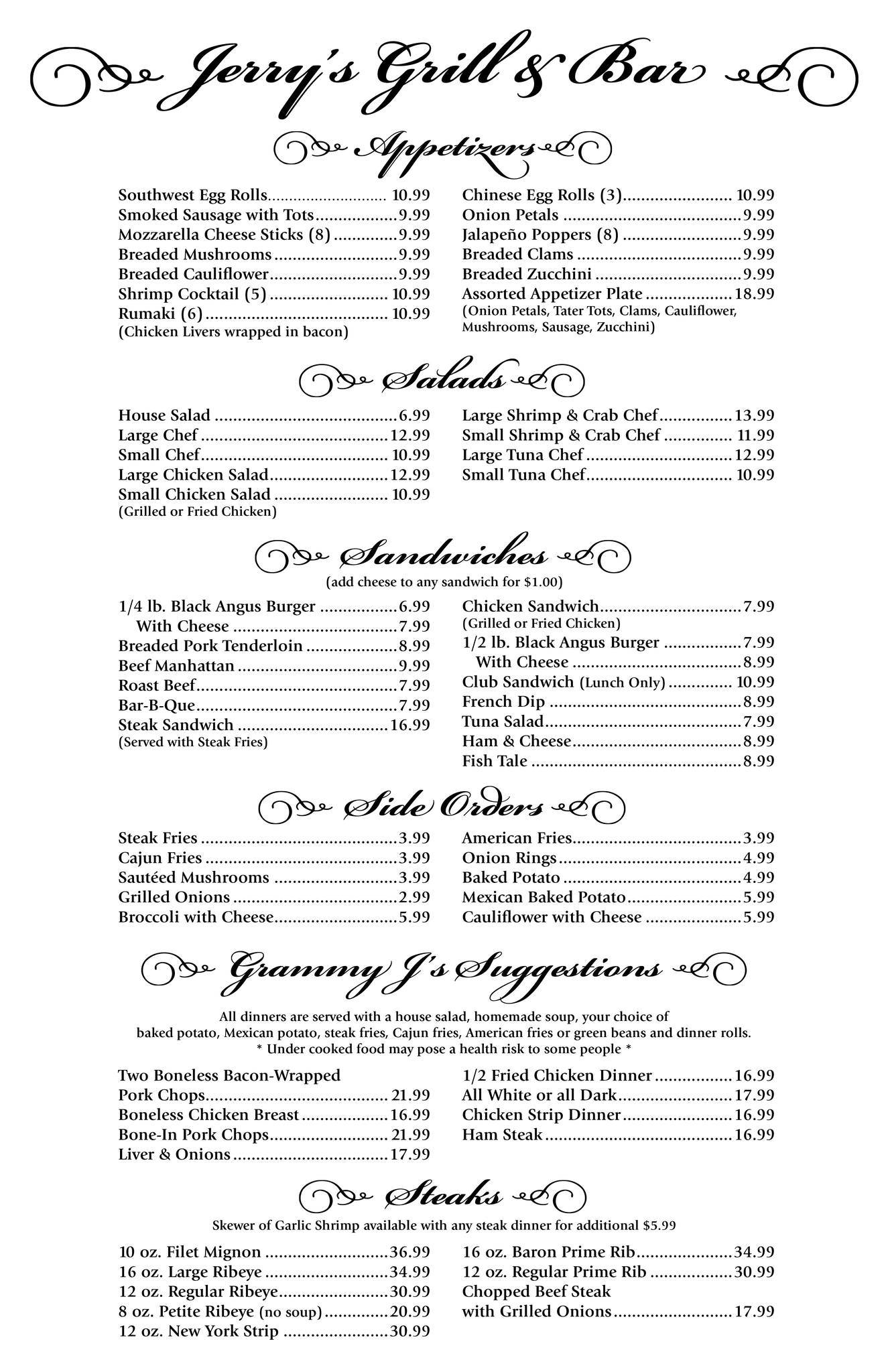 Menu at Jerry's Grill & Bar, Centralia, 835 Wabash Ave