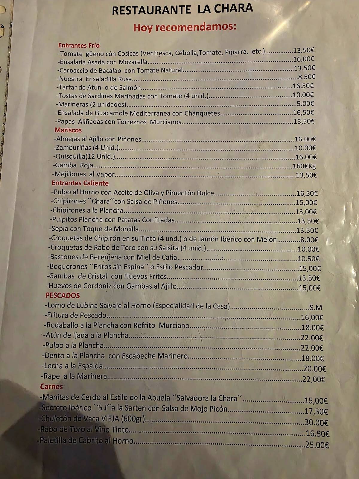 Carta de La Chara restaurante, Isla Plana