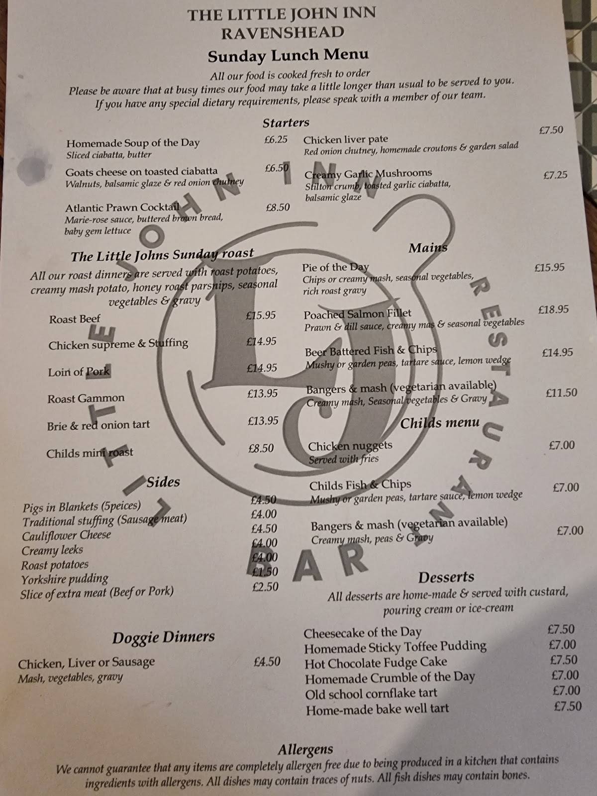 Menu at Little John Inn pub & bar, Ravenshead