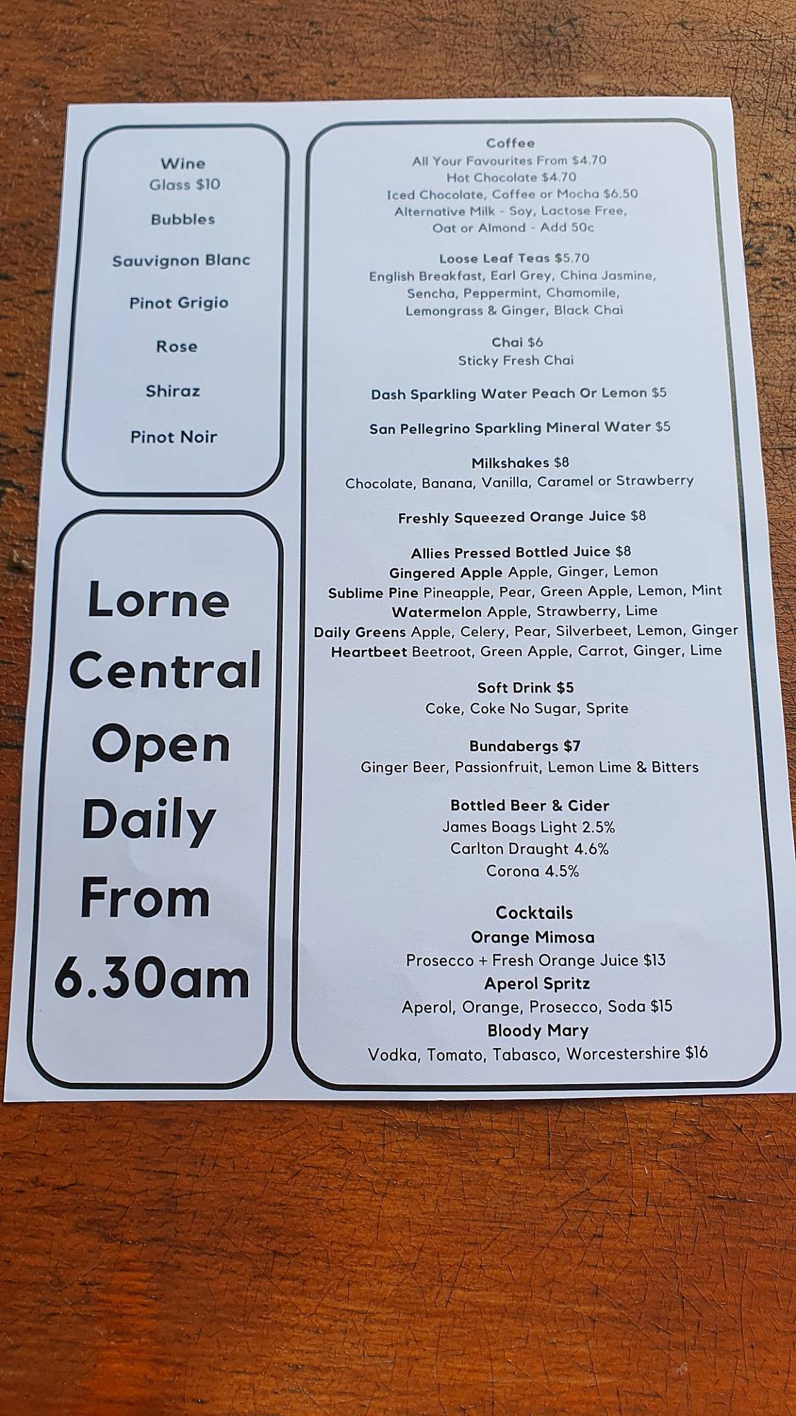 Menu at Lorne Central pub & bar, Lorne