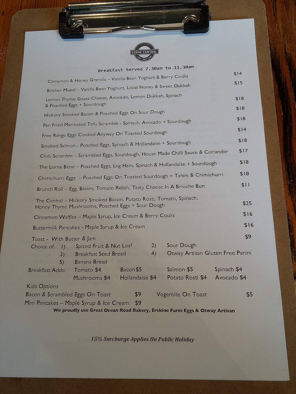 Menu at Lorne Central pub & bar, Lorne