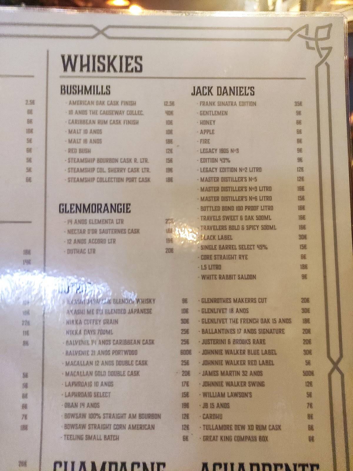 Menu em Memórias nas Caldas pub & Bar, Chaves