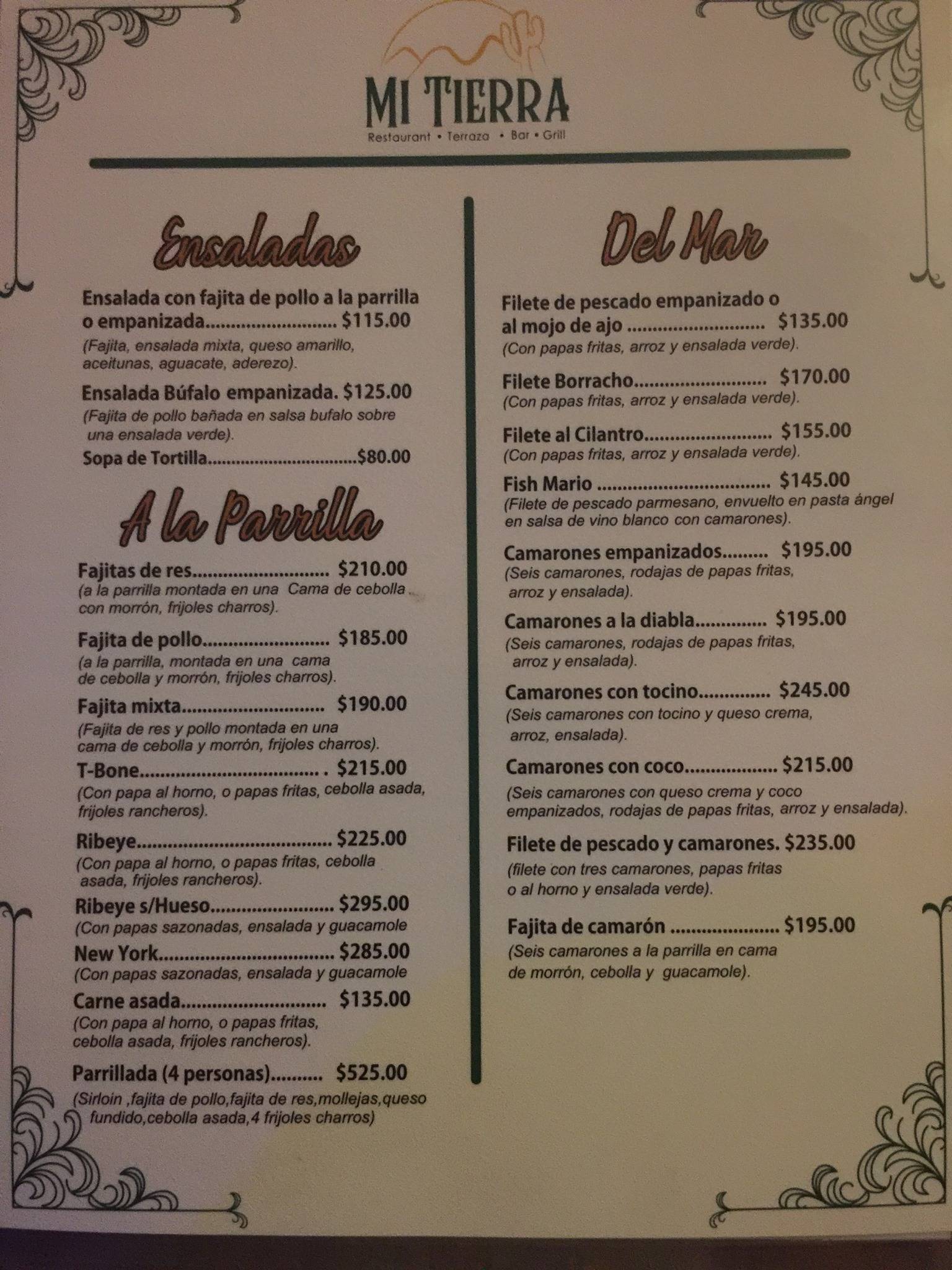 Carta de Mi Tierra Restaurante, Ciudad Acuña