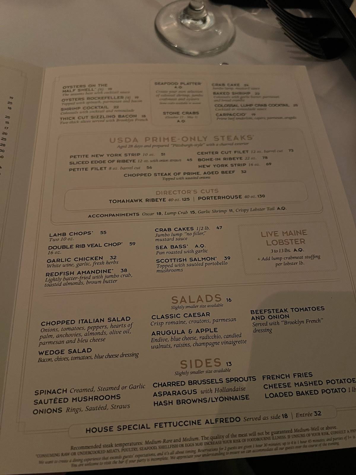 Menu at New York Prime steakhouse, Boca Raton