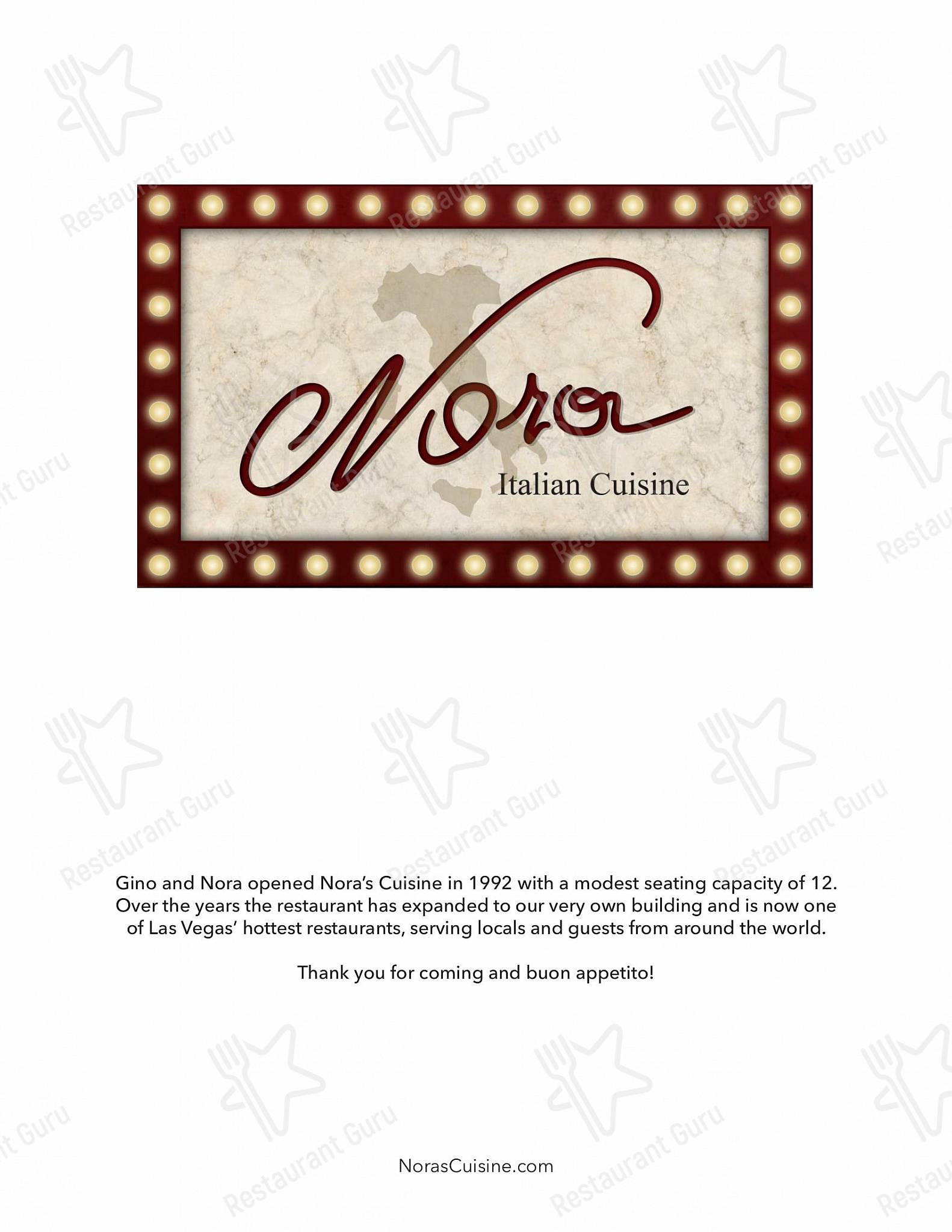 Menu at Nora's Italian Cuisine pub & bar, Las Vegas, 5780 W Flamingo Rd