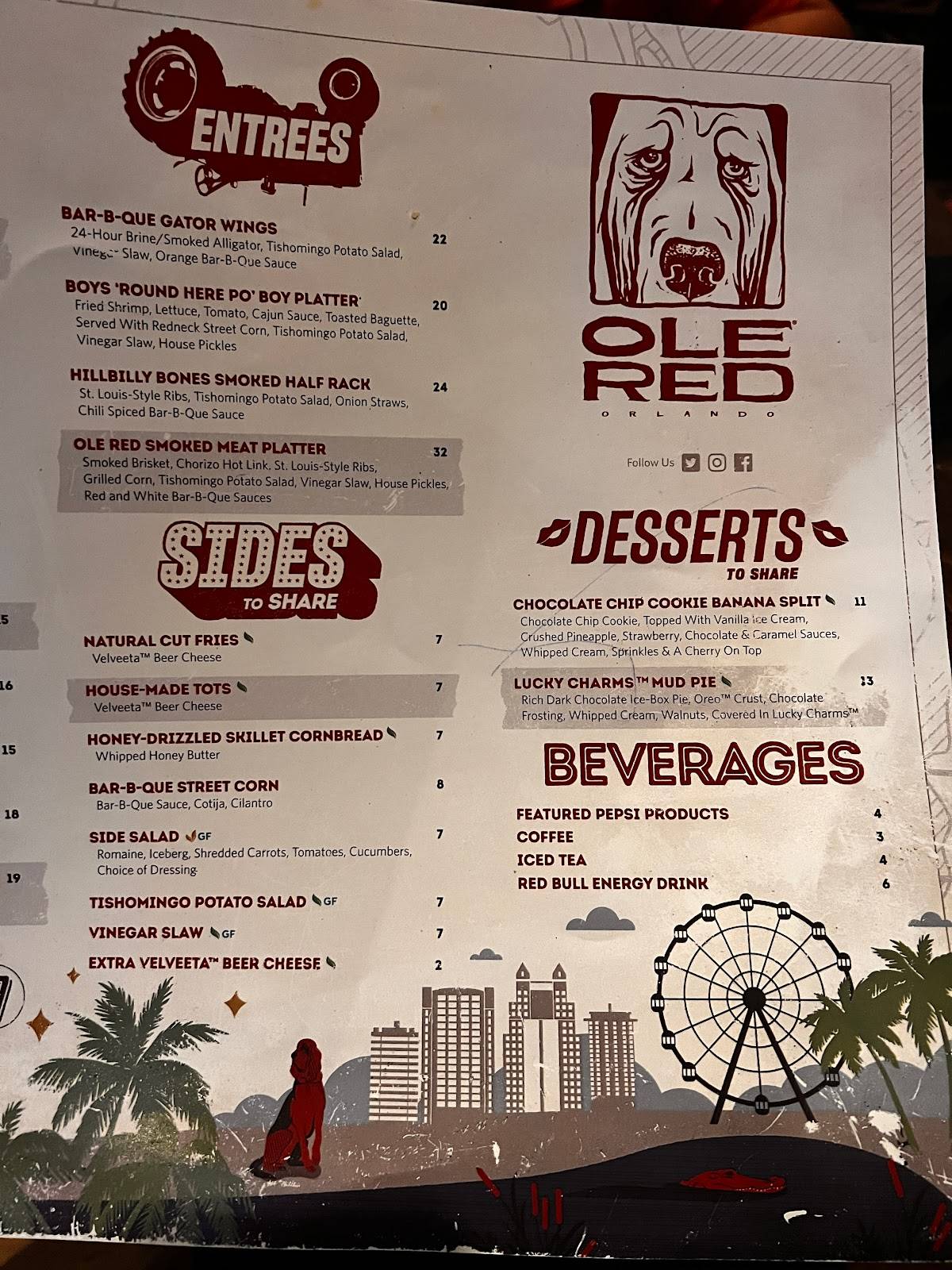 Menu at Ole Red pub & bar, Orlando