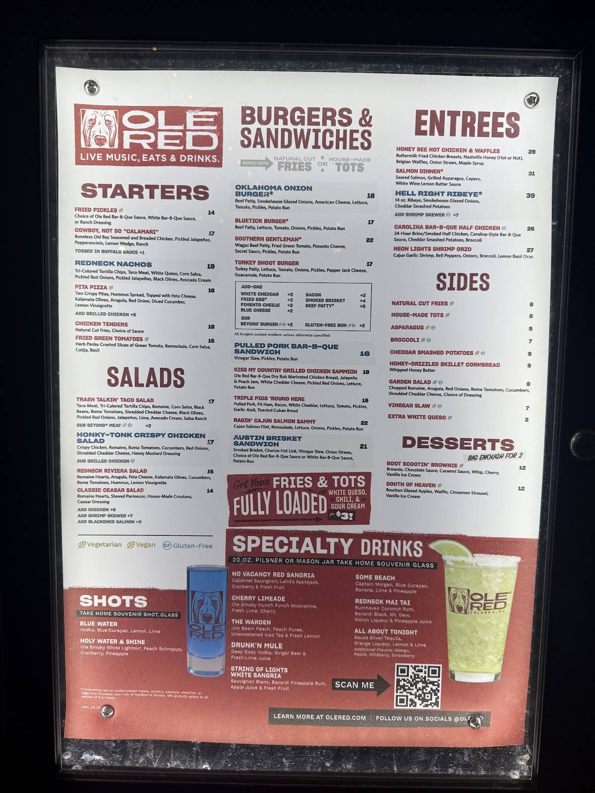 Menu at Ole Red pub & bar, Orlando