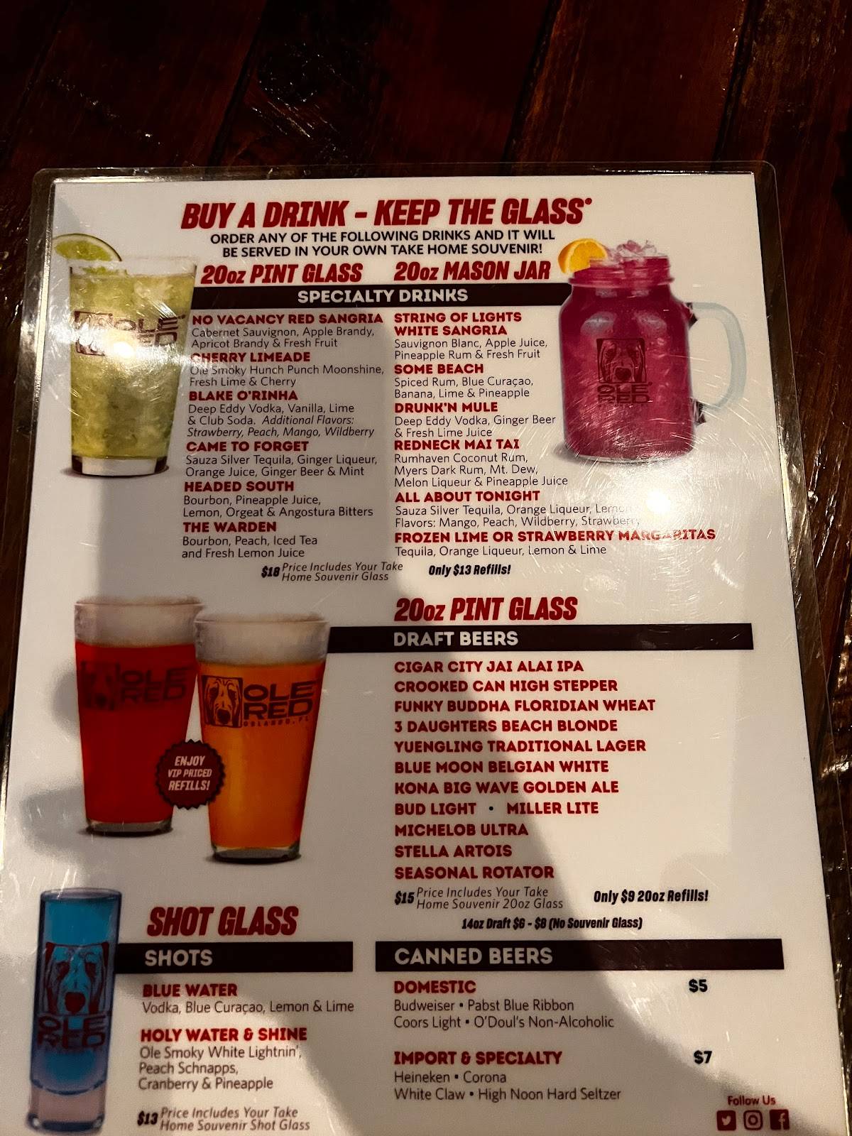 Menu at Ole Red pub & bar, Orlando