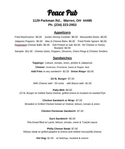 Menu at Peace Pub, Warren