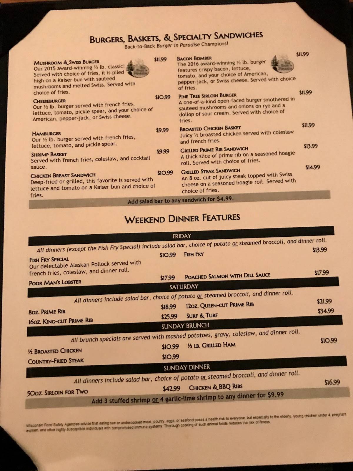Menu at Pine Tree Supper Club, Tomahawk