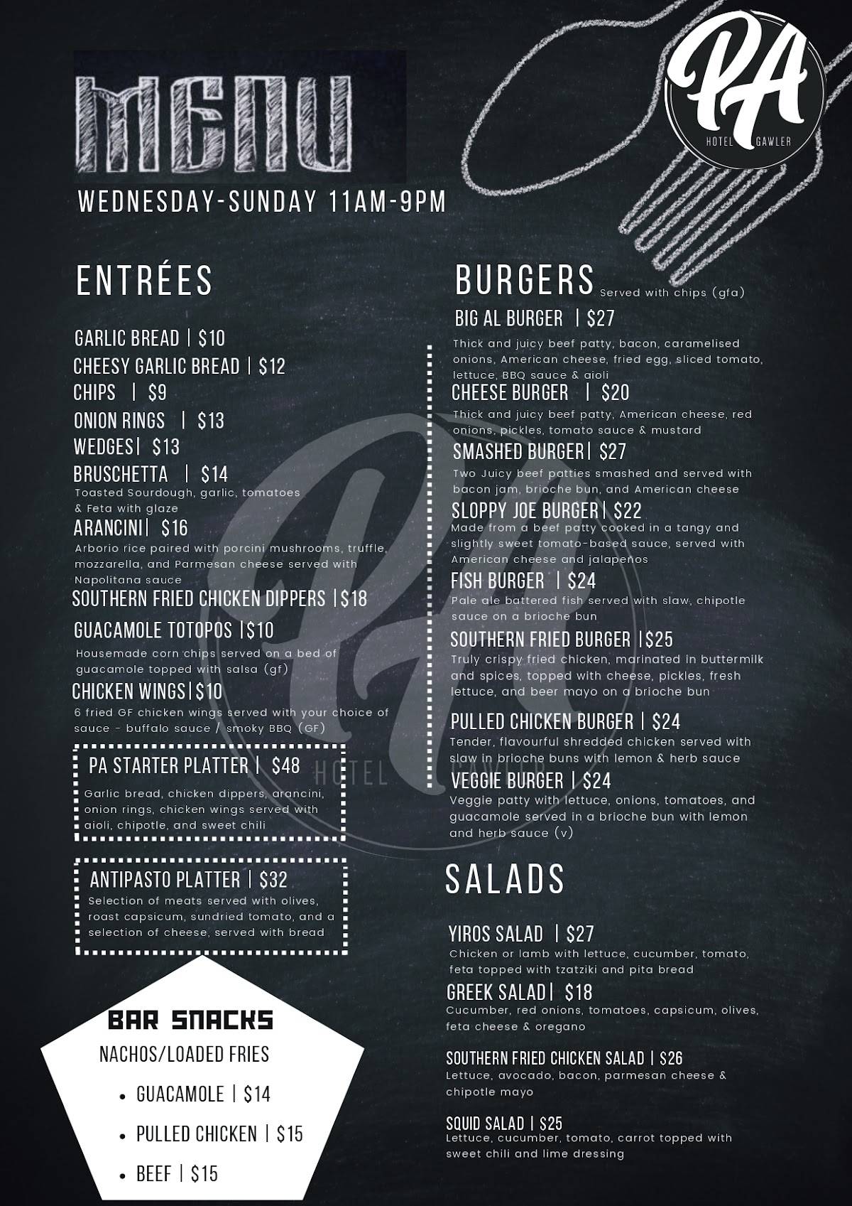 Menu at Prince Albert Hotel pub & bar, Gawler