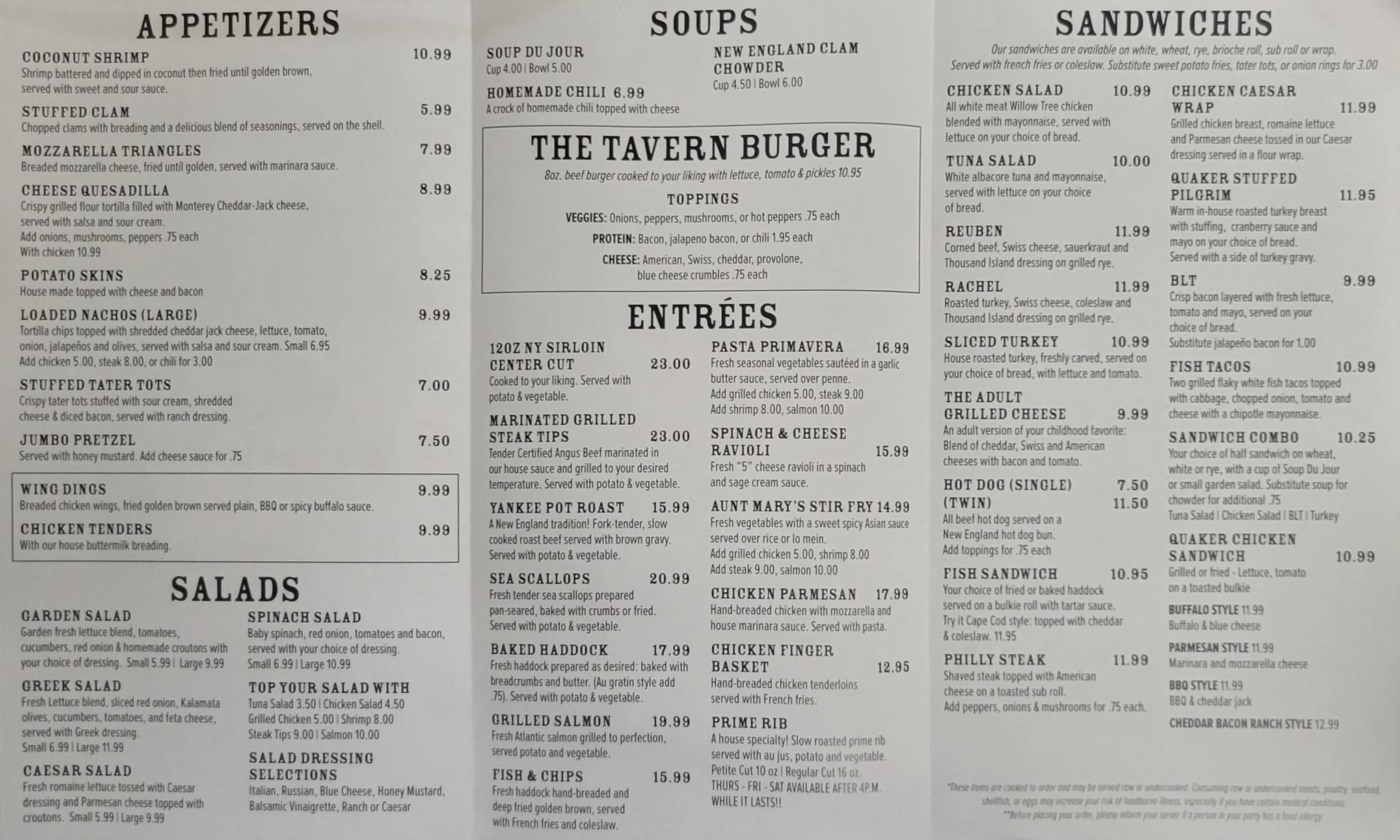 Menu at Quaker Tavern restaurant, Uxbridge, 466 Quaker Hwy #1603