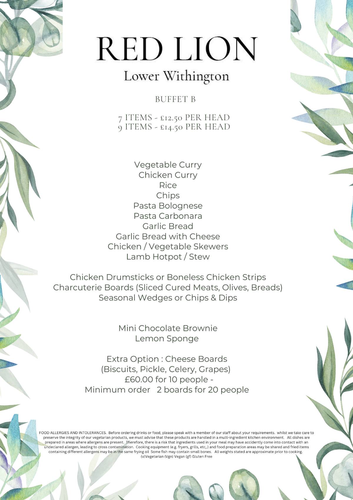 Menu at Red Lion, Lower Withington pub & bar, Lower Withington