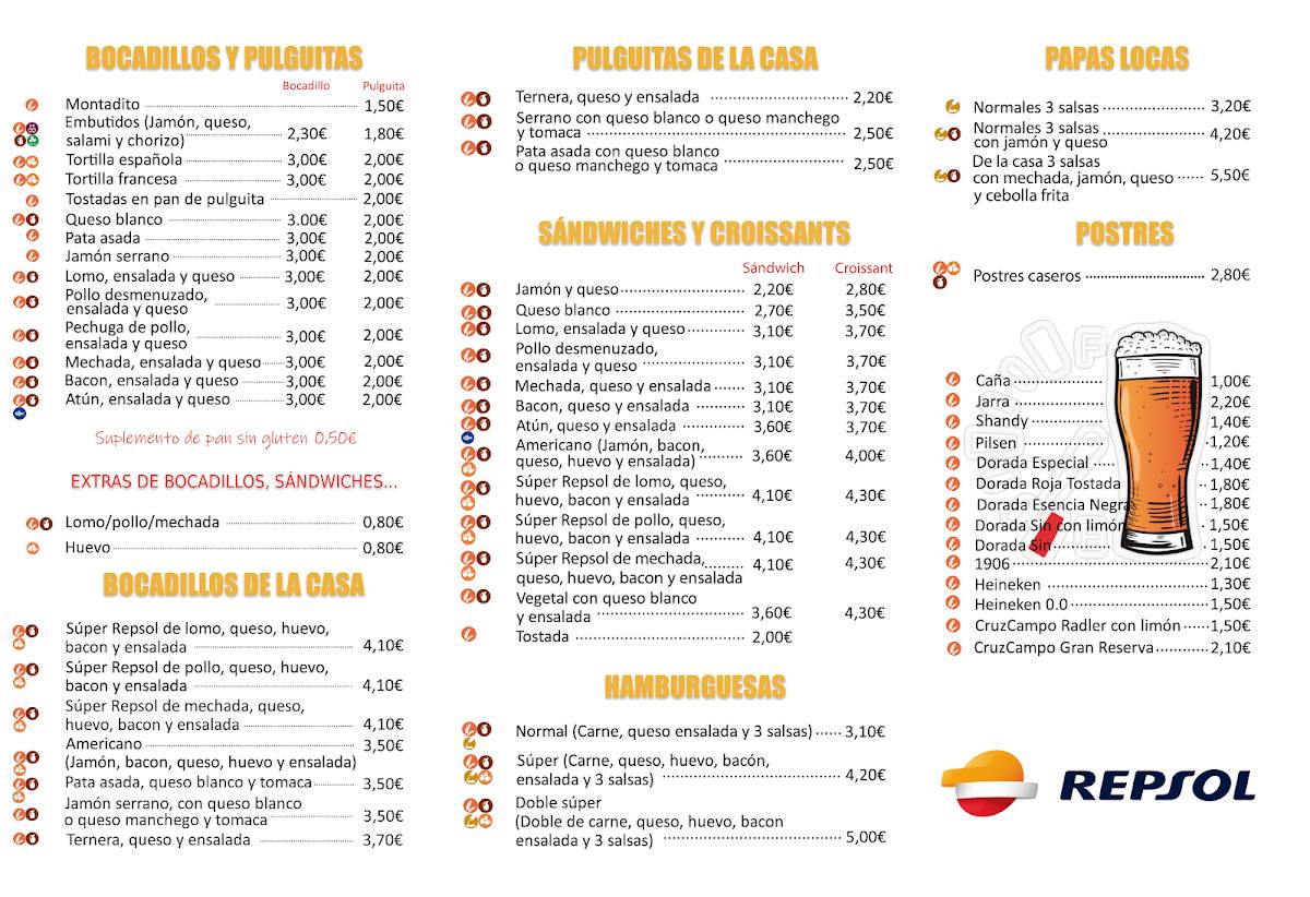 Carta del pub y bar El Volcán, La Hidalga