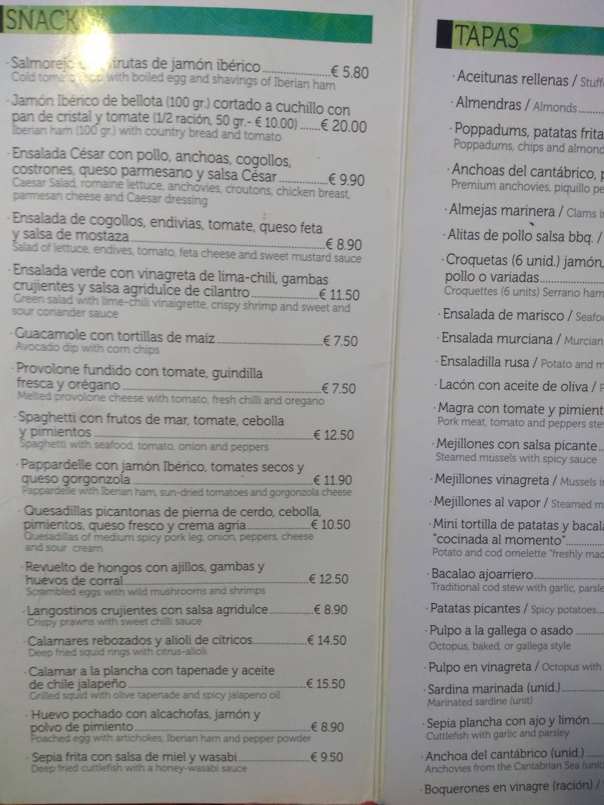 Menu at Restaurante Punta Prima, Punta Prima, Av. del Mar
