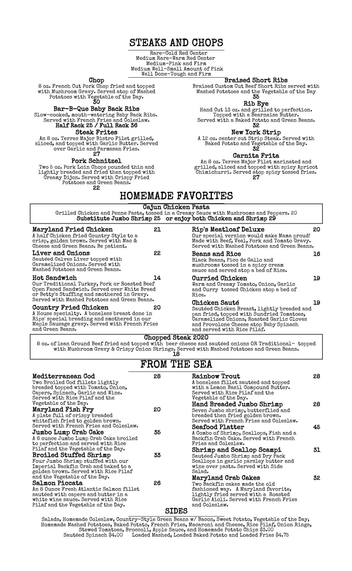 Menu at Rips Country Inn pub & bar, Bowie