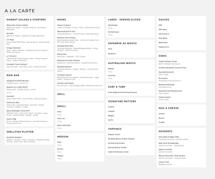 Menu at STK Steakhouse - Strand, London, 336-337 Strand