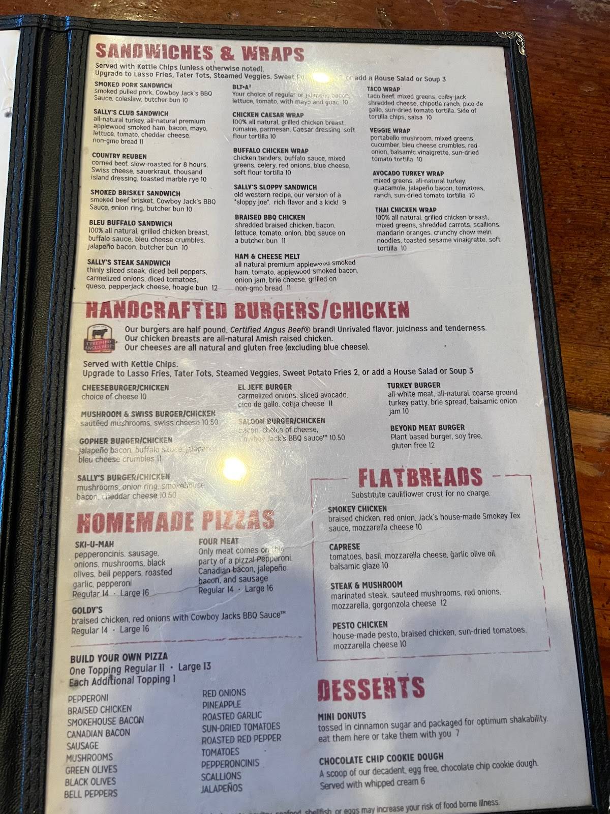 Menu at Sally's Saloon pub & bar, Minneapolis, 700 SE Washington Ave