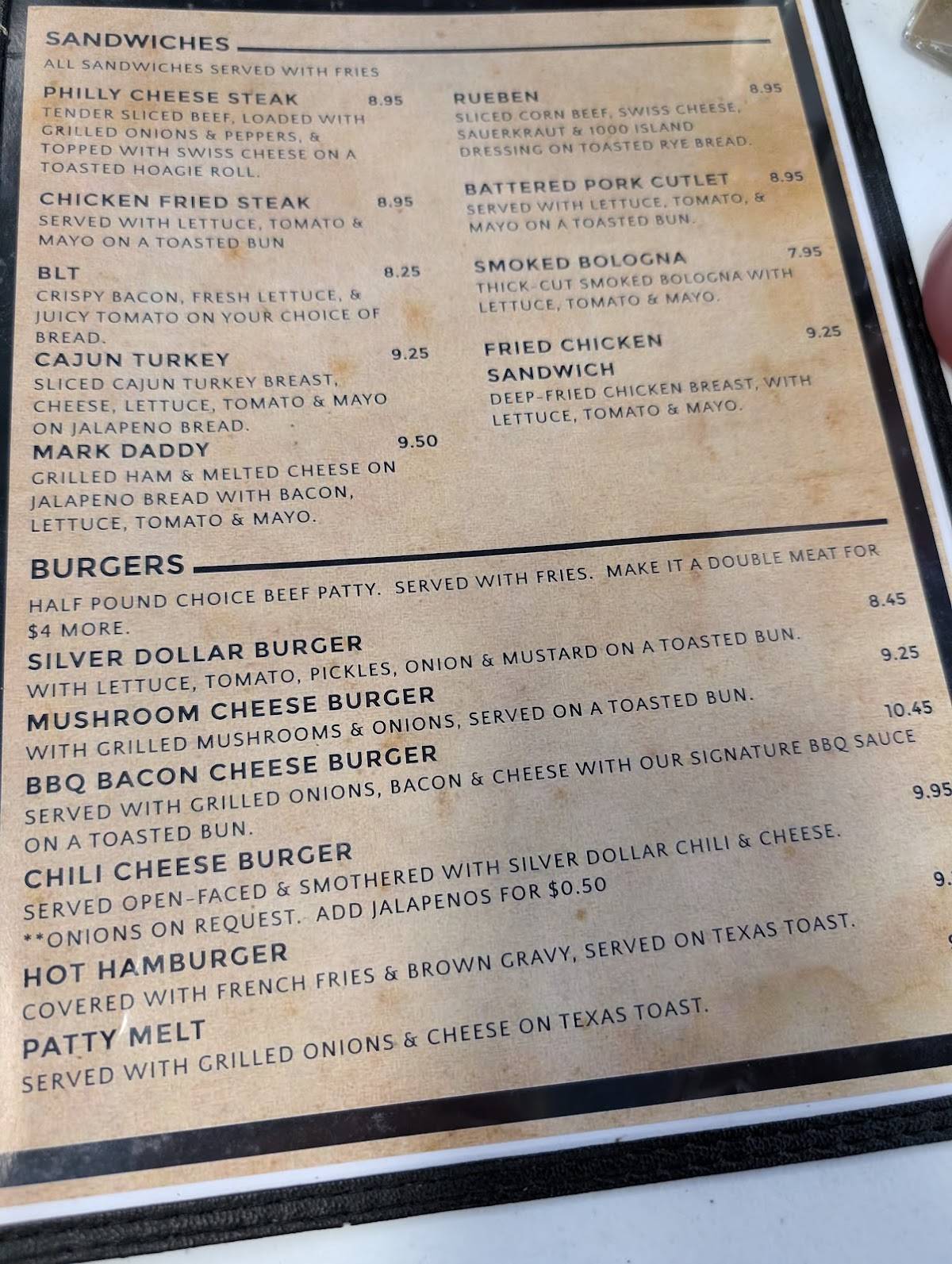 Menu at Silver Dollar Cafe, Collinsville
