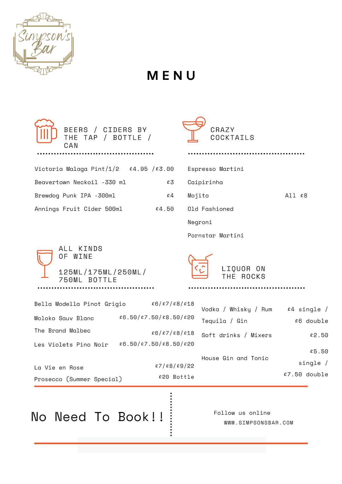 Menu at Simpson's Bar, Sutton Coldfield