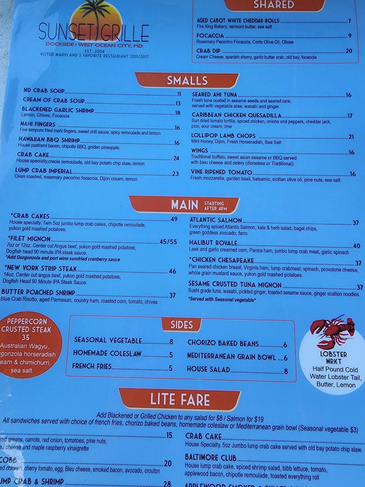 Menu at Sunset Grille pub & bar, Ocean City, Sunset Ave