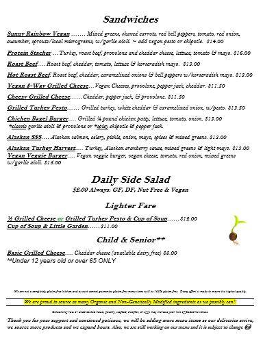 Menu at Sunsprout Cafe, Fairbanks