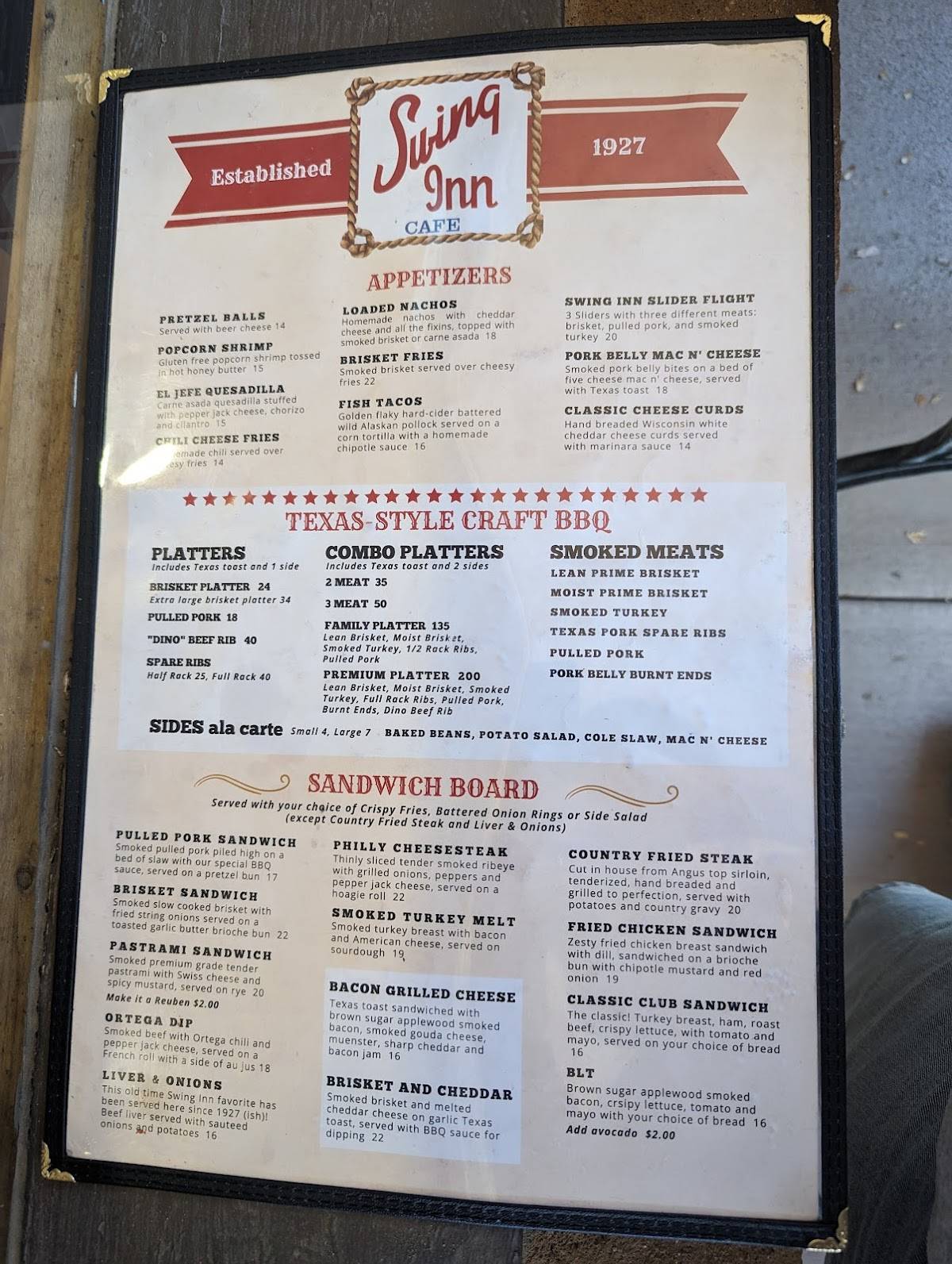 Menu at Swing Inn Cafe & BBQ, Temecula