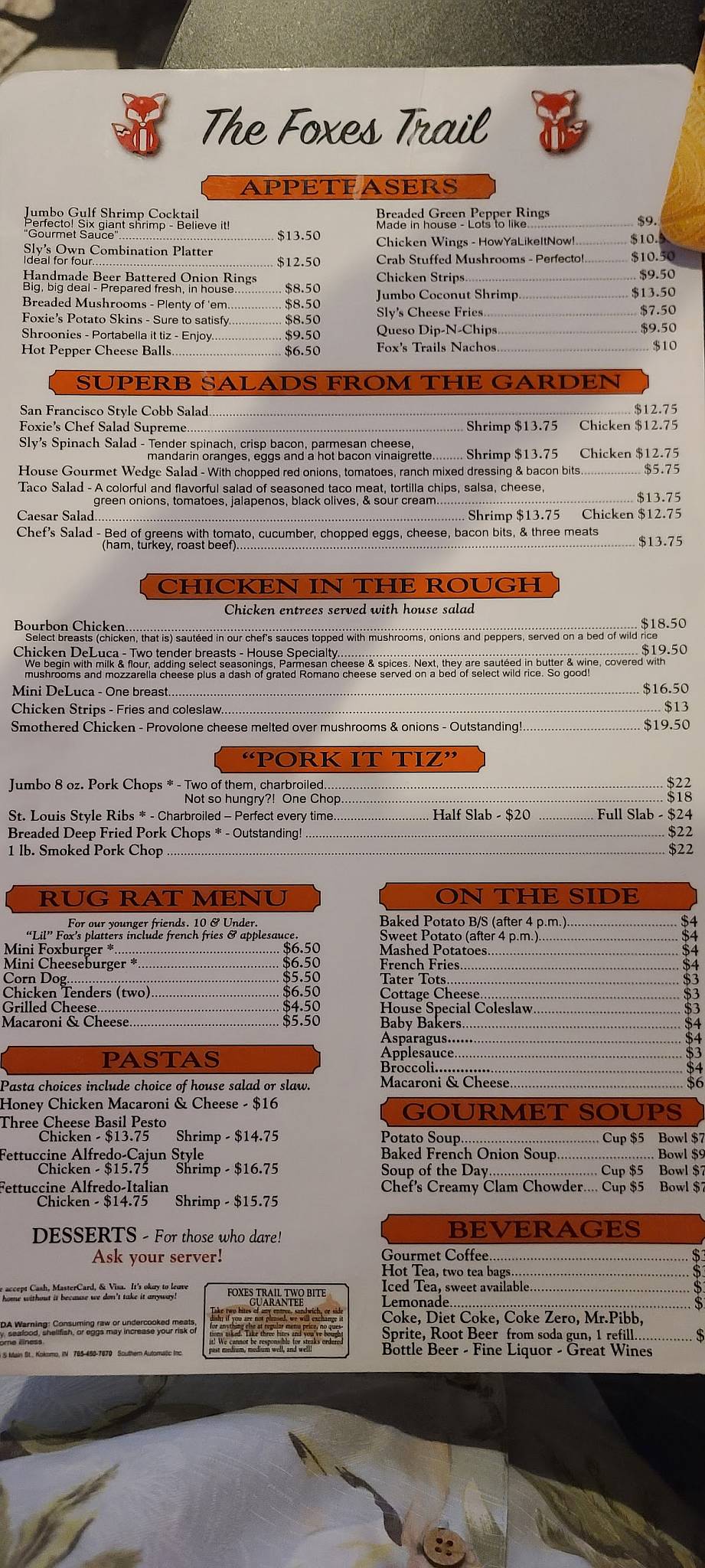 Menu at THE FOXES TRAILS pub & bar, Kokomo