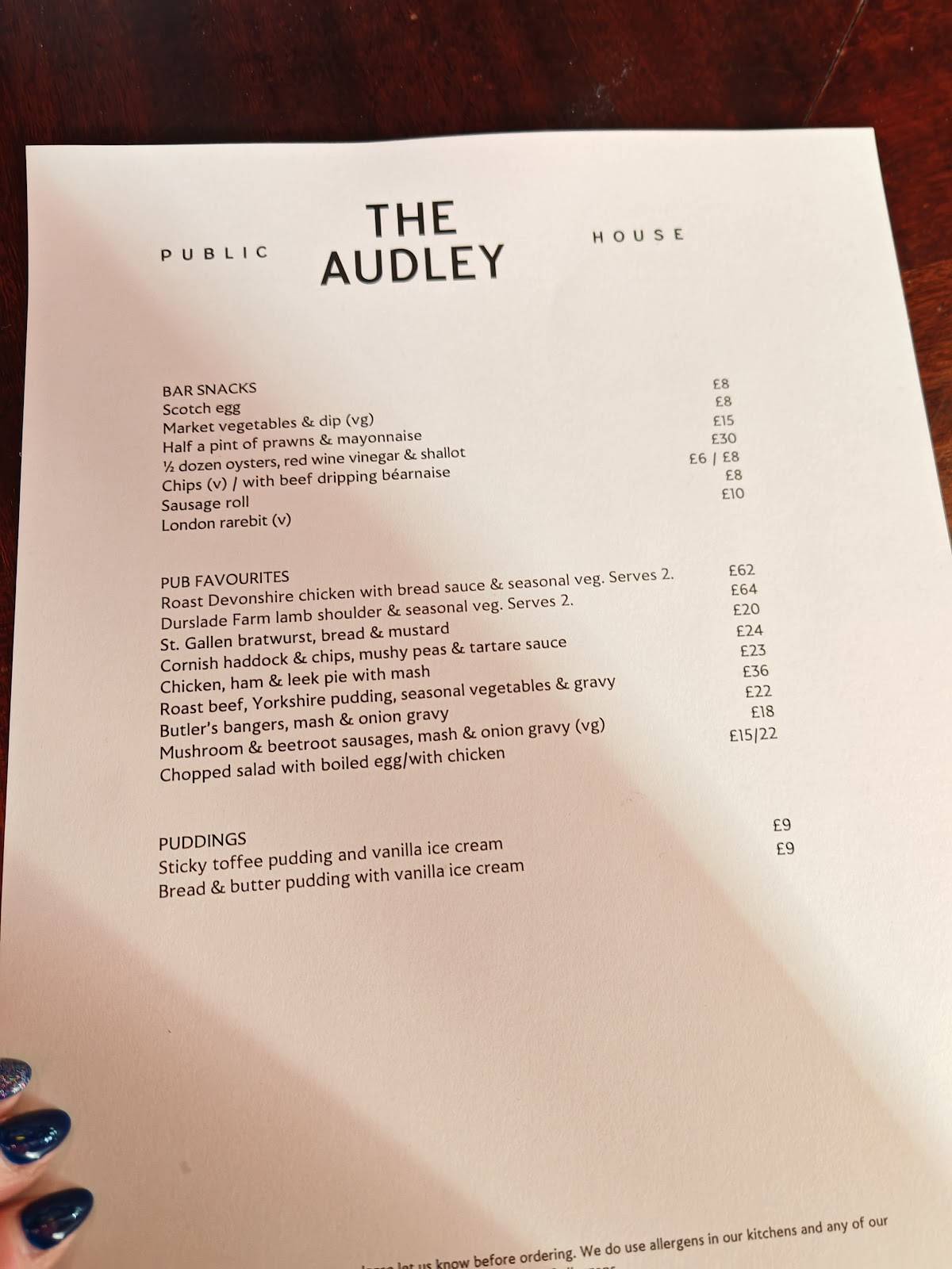 Menu at The Audley Public House, London