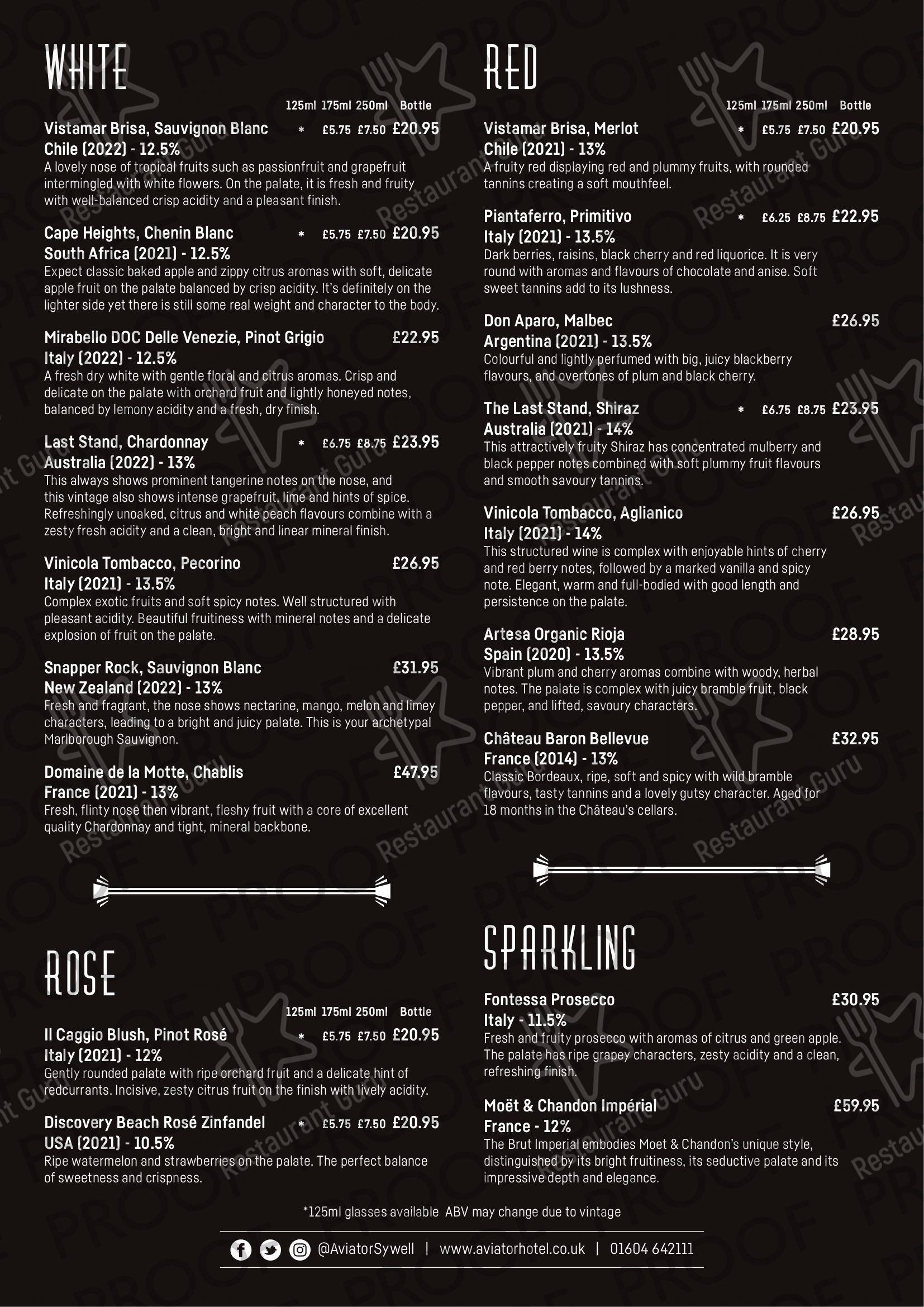 Menu at The Aviator Hotel restaurant, Northampton