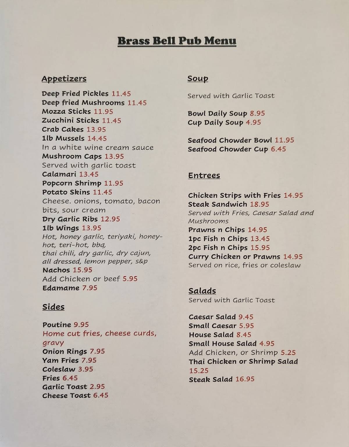 Menu at The Brass Bell Pub, Crofton