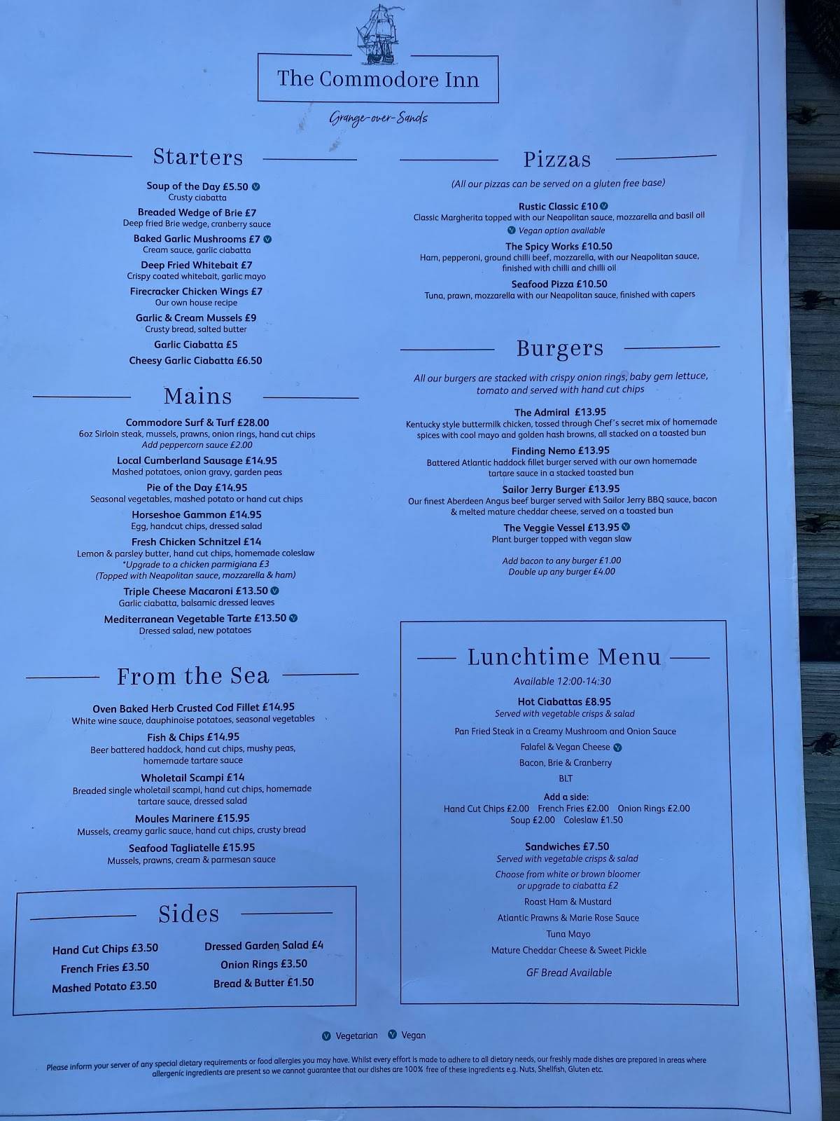 Menu at The Commodore Inn pub & bar, Grange-over-Sands