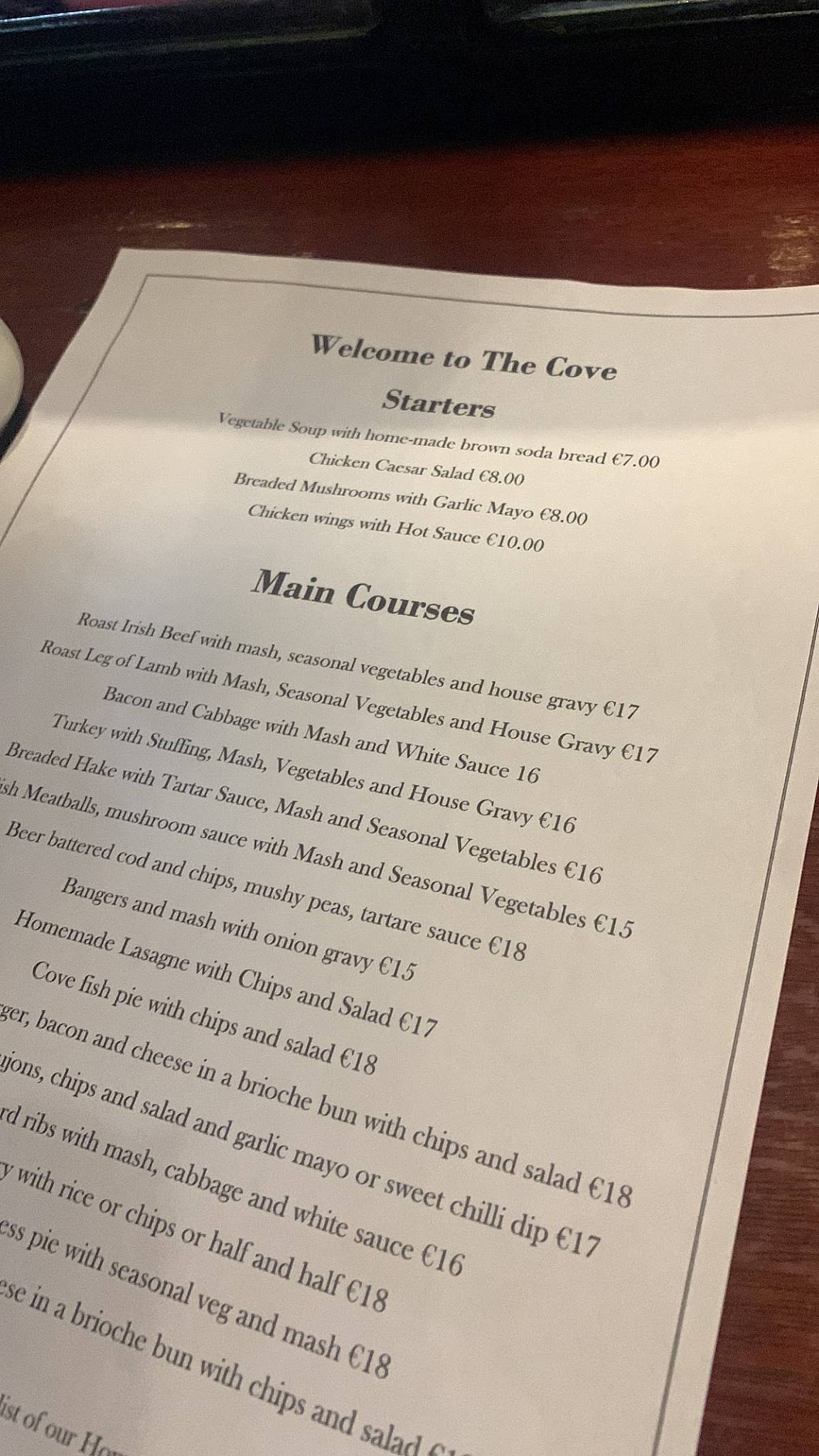 Menu at The Cove Bar, Waterford