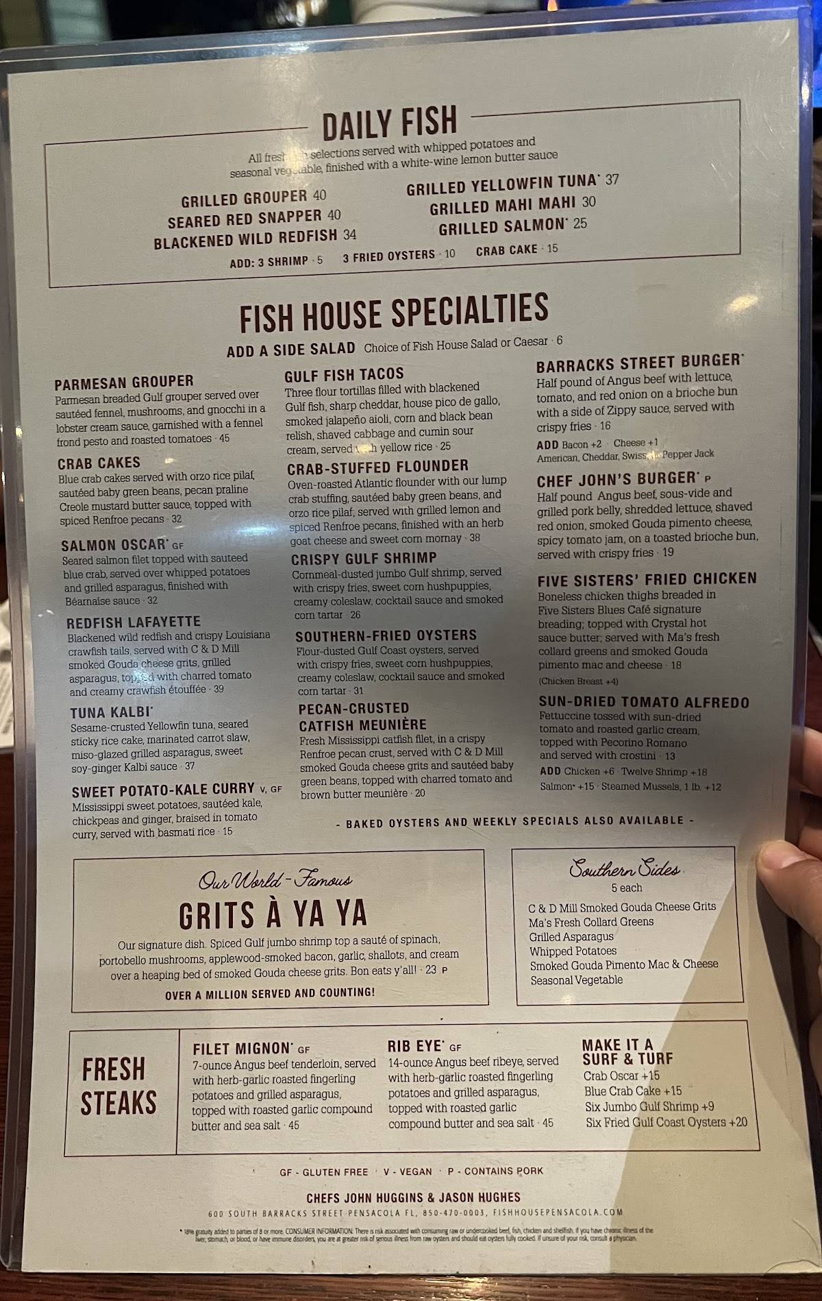 Menu at The Fish House pub & bar, Pensacola