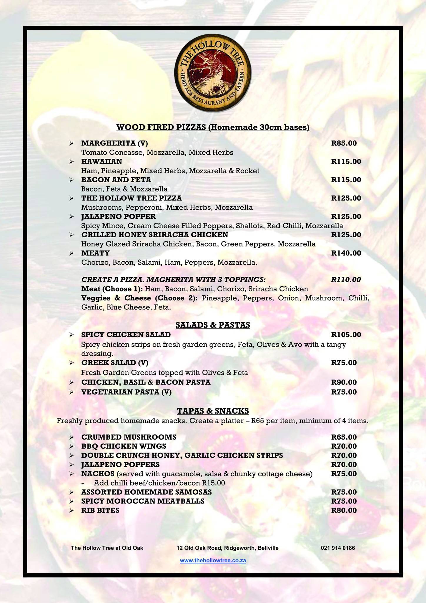 Menu at The Hollow Tree at Old Oak restaurant, Cape Town, 12 Old Oak Rd