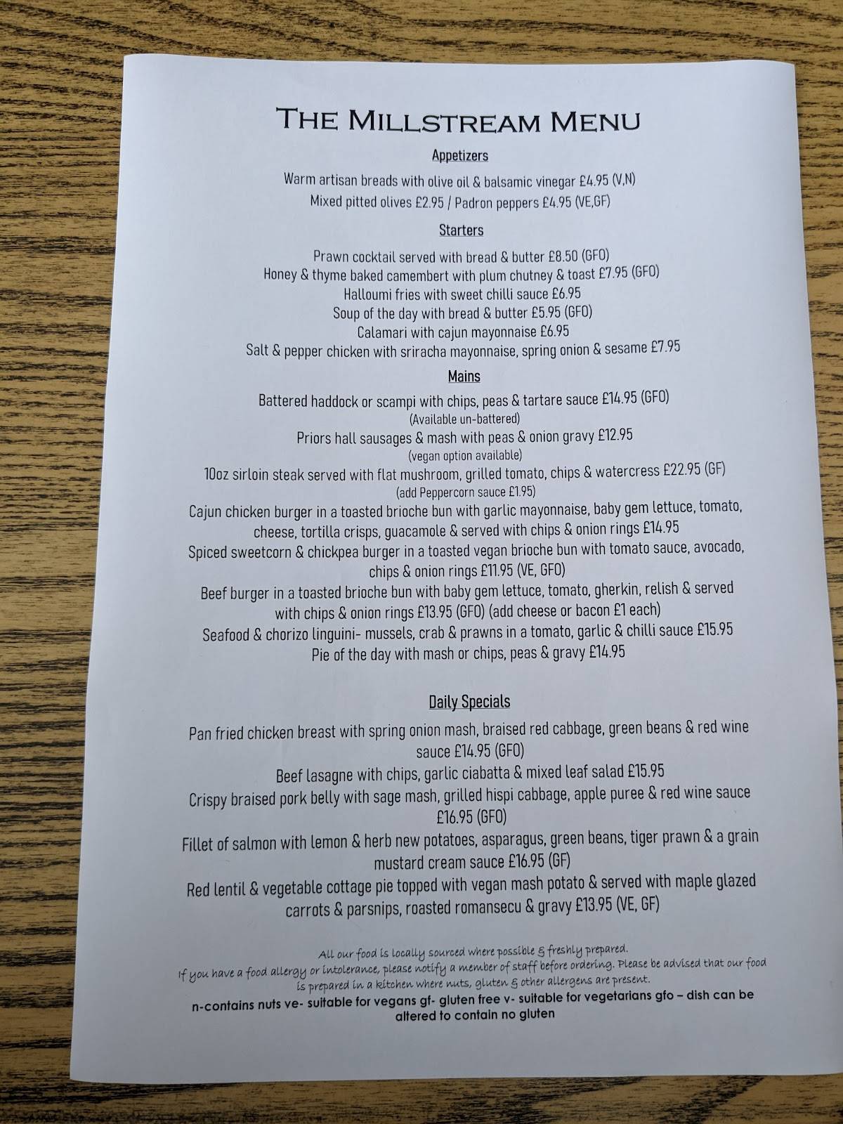 Menu at The Millstream pub & bar, Hertford