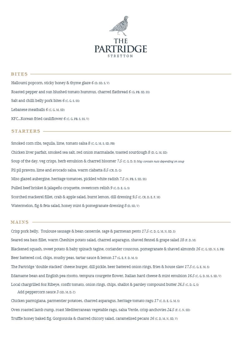 Menu at The Partridge pub & bar, Warrington