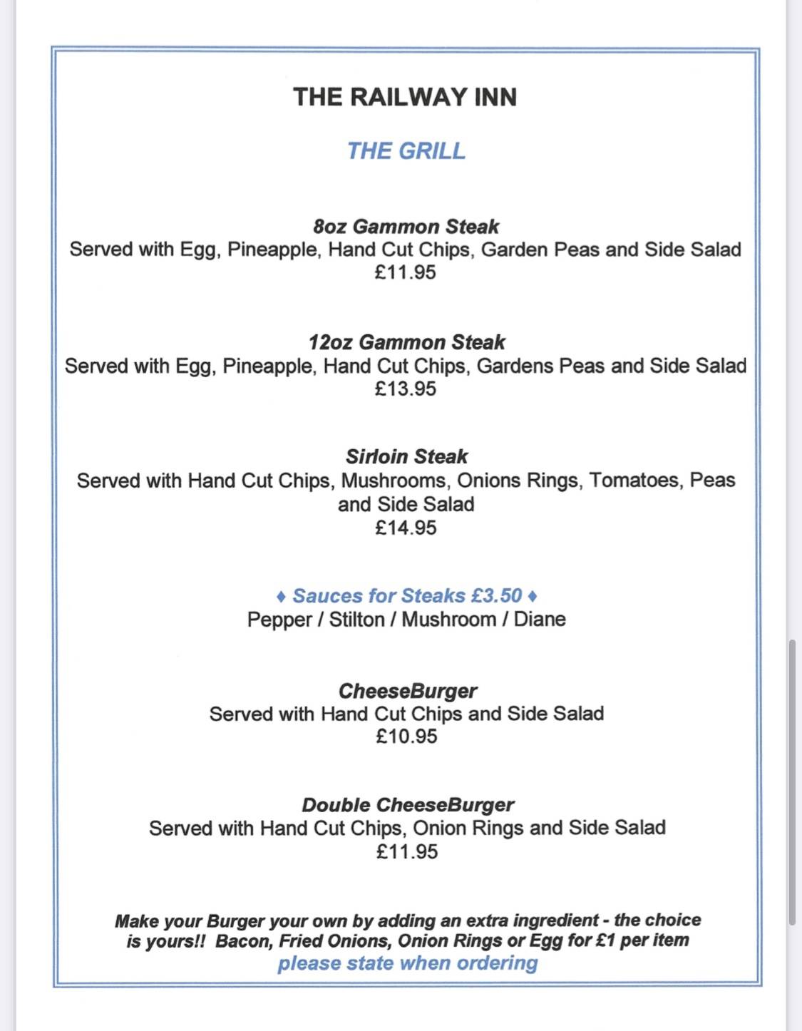 Menu at The Railway Inn pub & bar, Lincoln, Station Rd