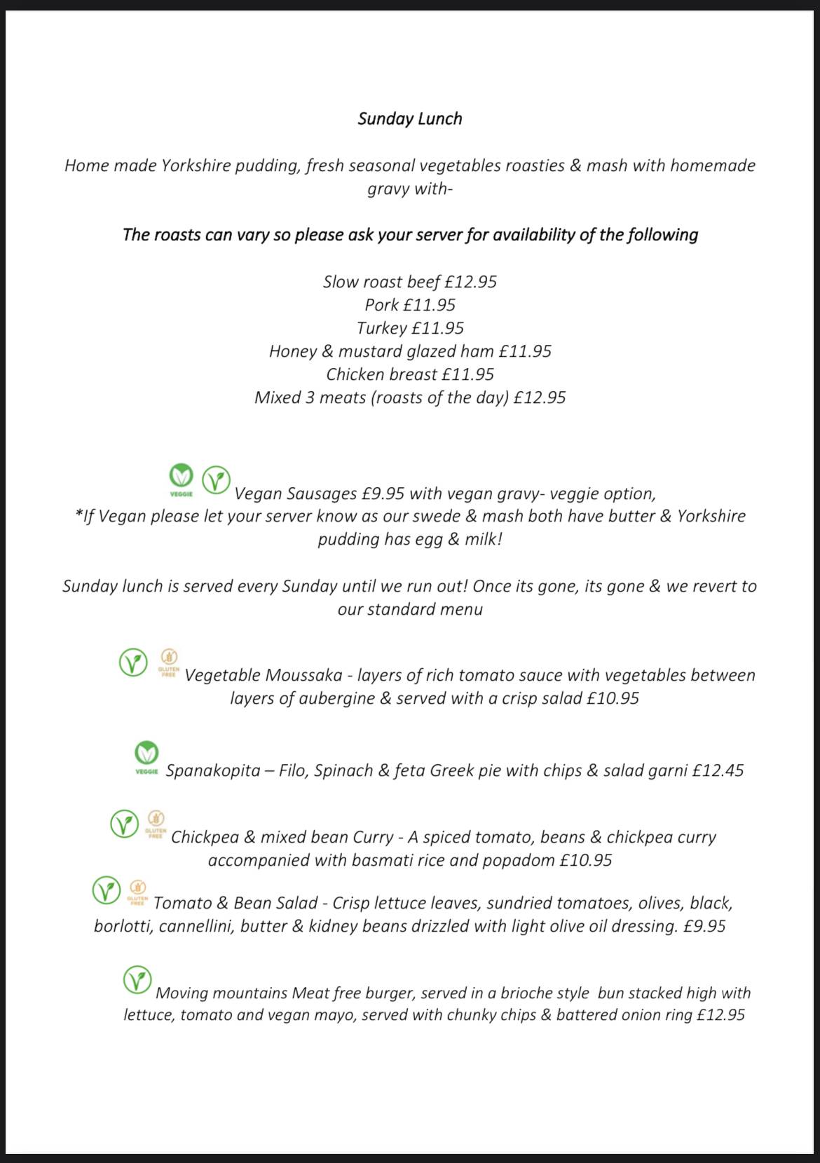 Menu at The Turks Head pub & bar, Rothbury