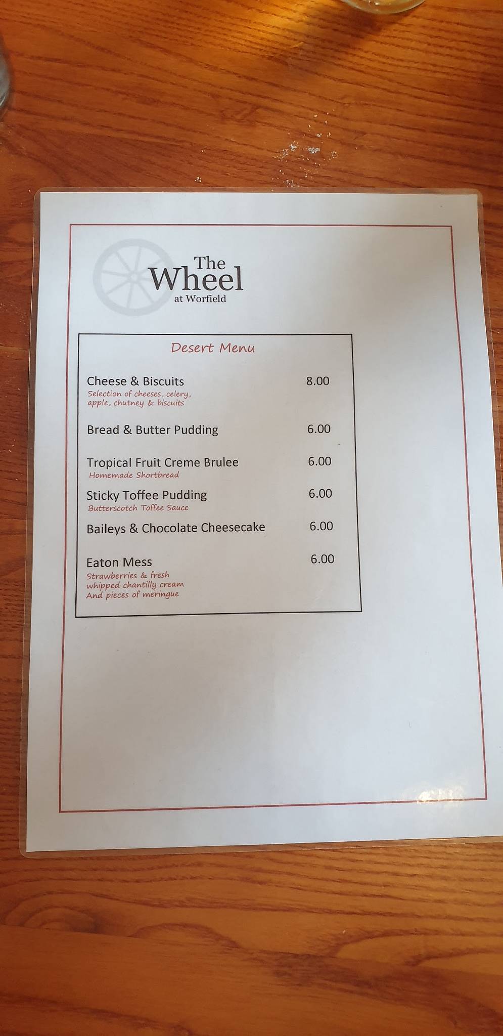 Menu at The Wheel at Worfield pub & bar, Worfield