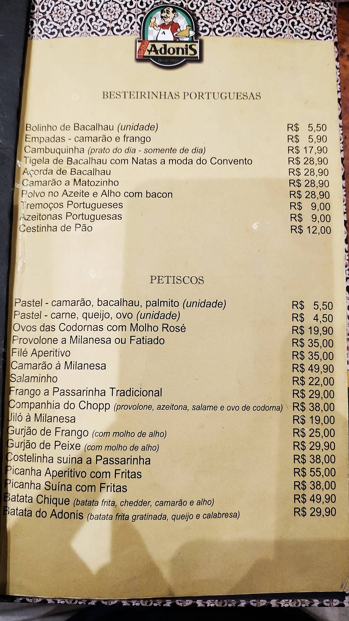 Menu em Velho Adonis restaurante, Rio de Janeiro