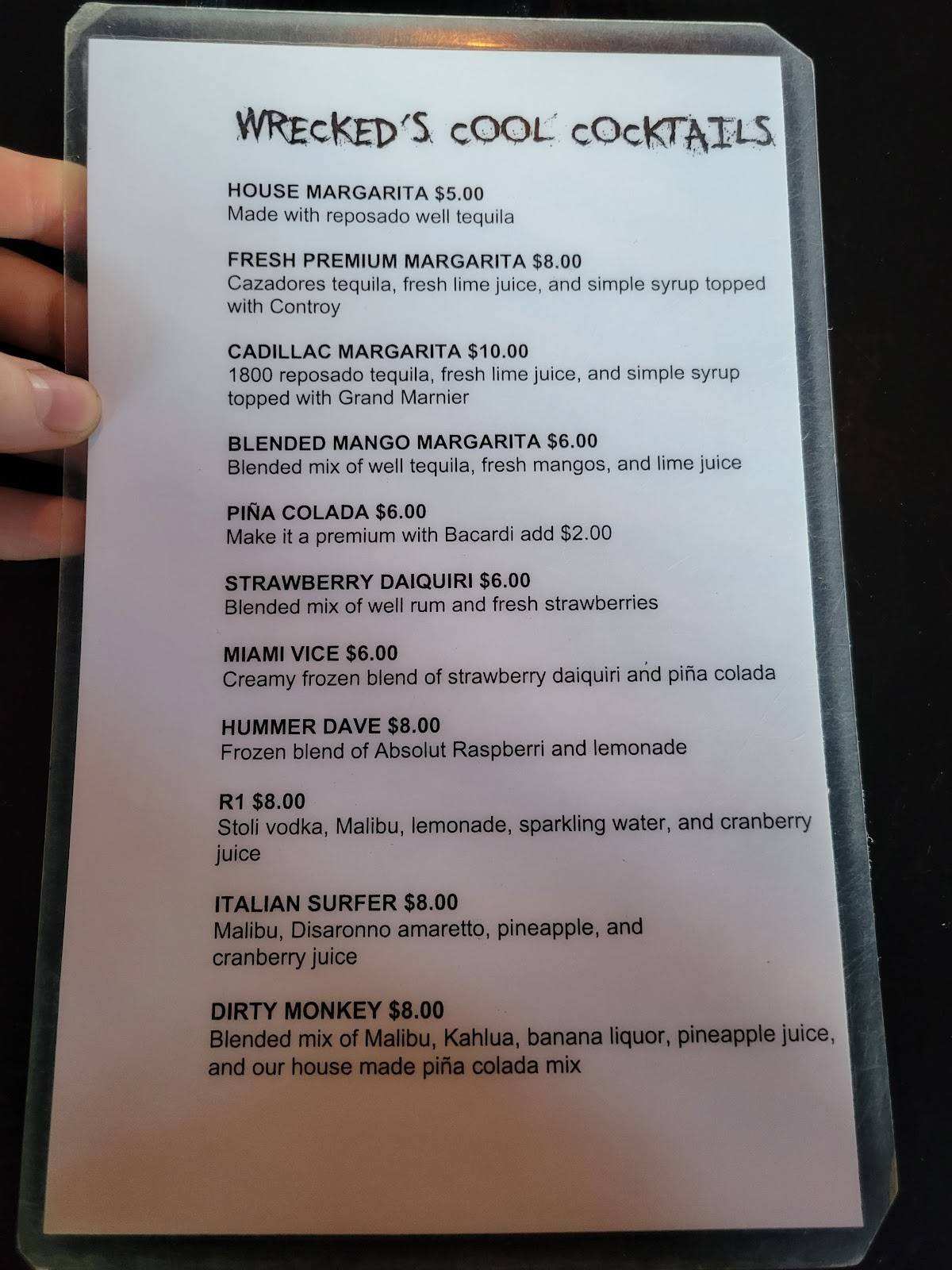 Menu at Wrecked at the Reef pub & bar, Puerto Peñasco