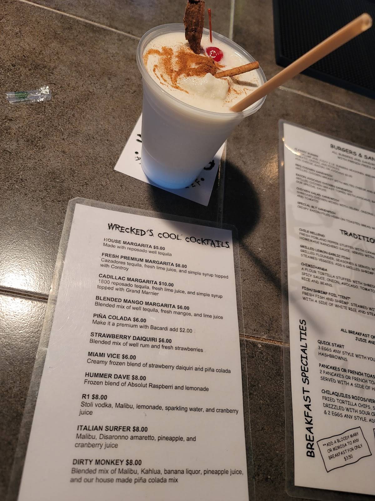 Menu at Wrecked at the Reef pub & bar, Puerto Peñasco
