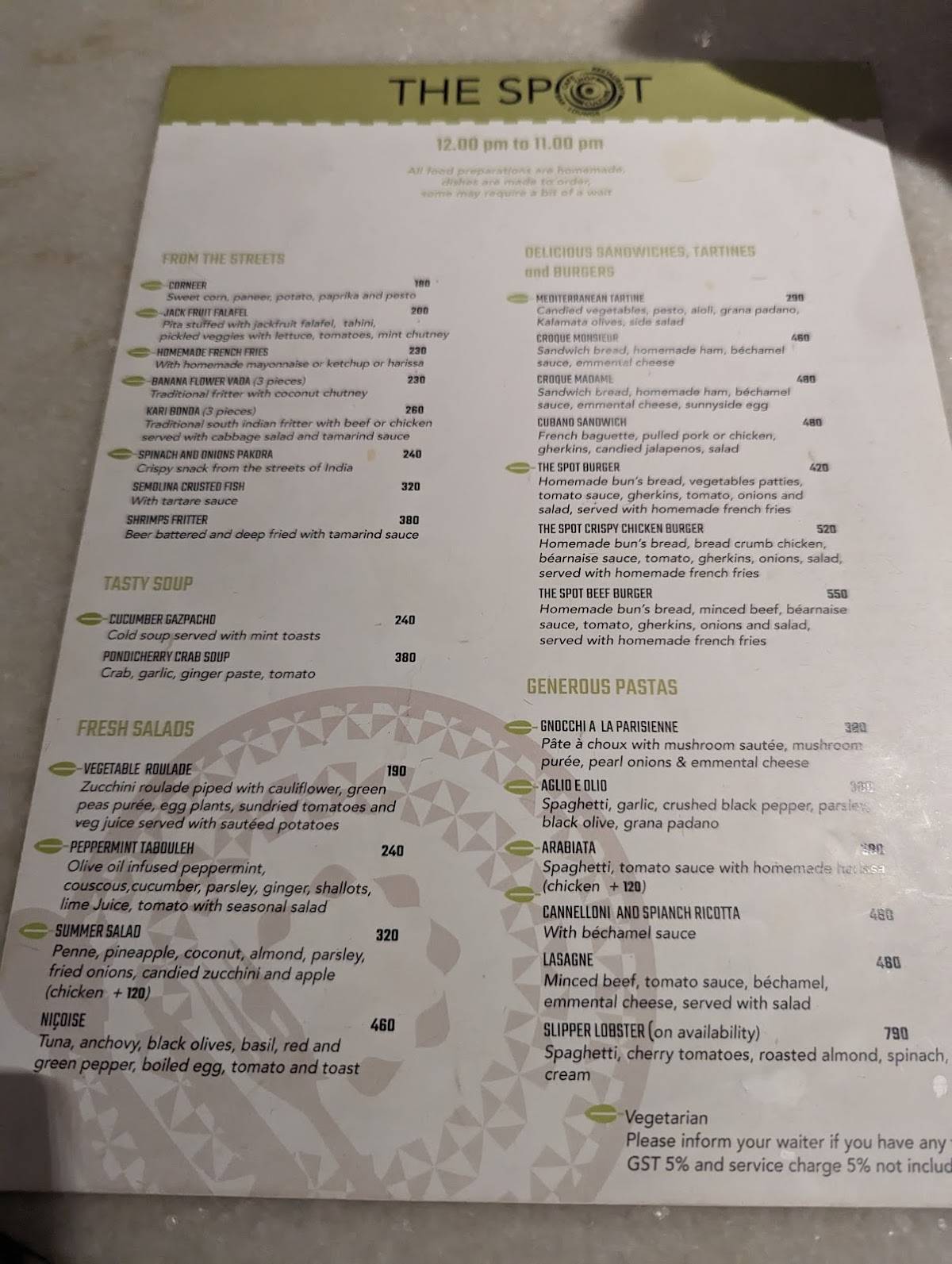 Menu at THE SPOT, Puducherry