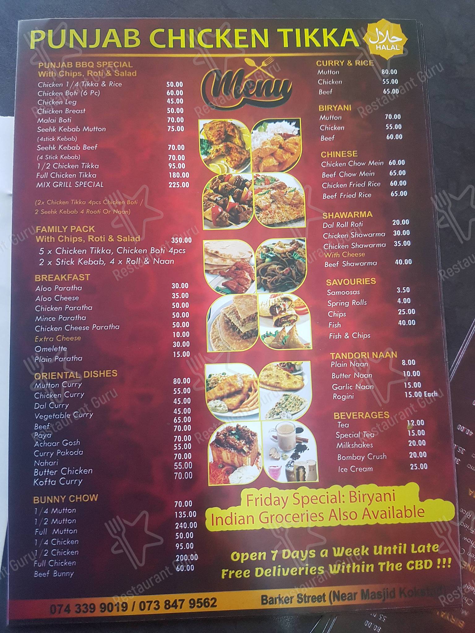 Menu at Punjab chicken tikka restaurant, Kokstad