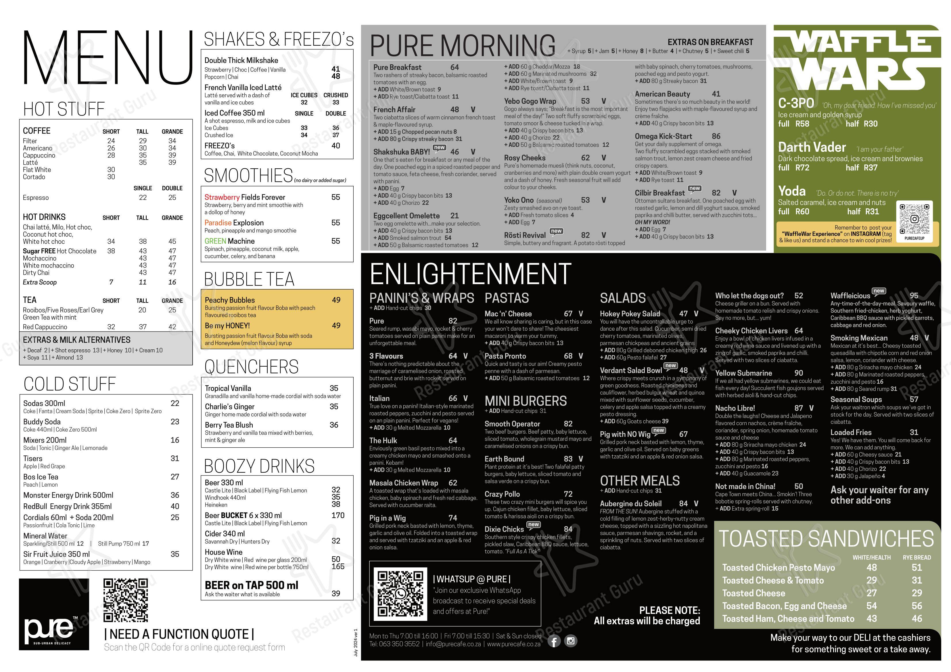 Menu at Pure Café UP - Conference Facility in Pretoria restaurant, Pretoria