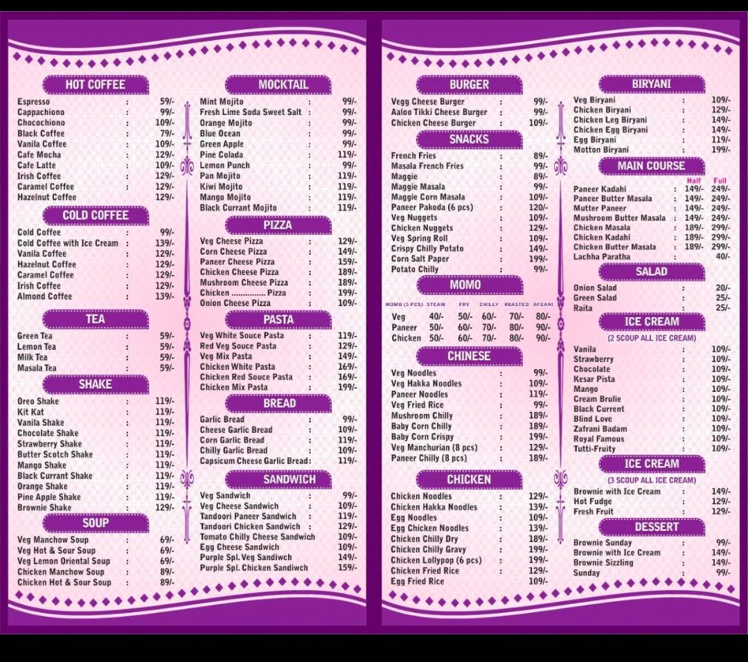 Menu at Purple Cafe, Patna