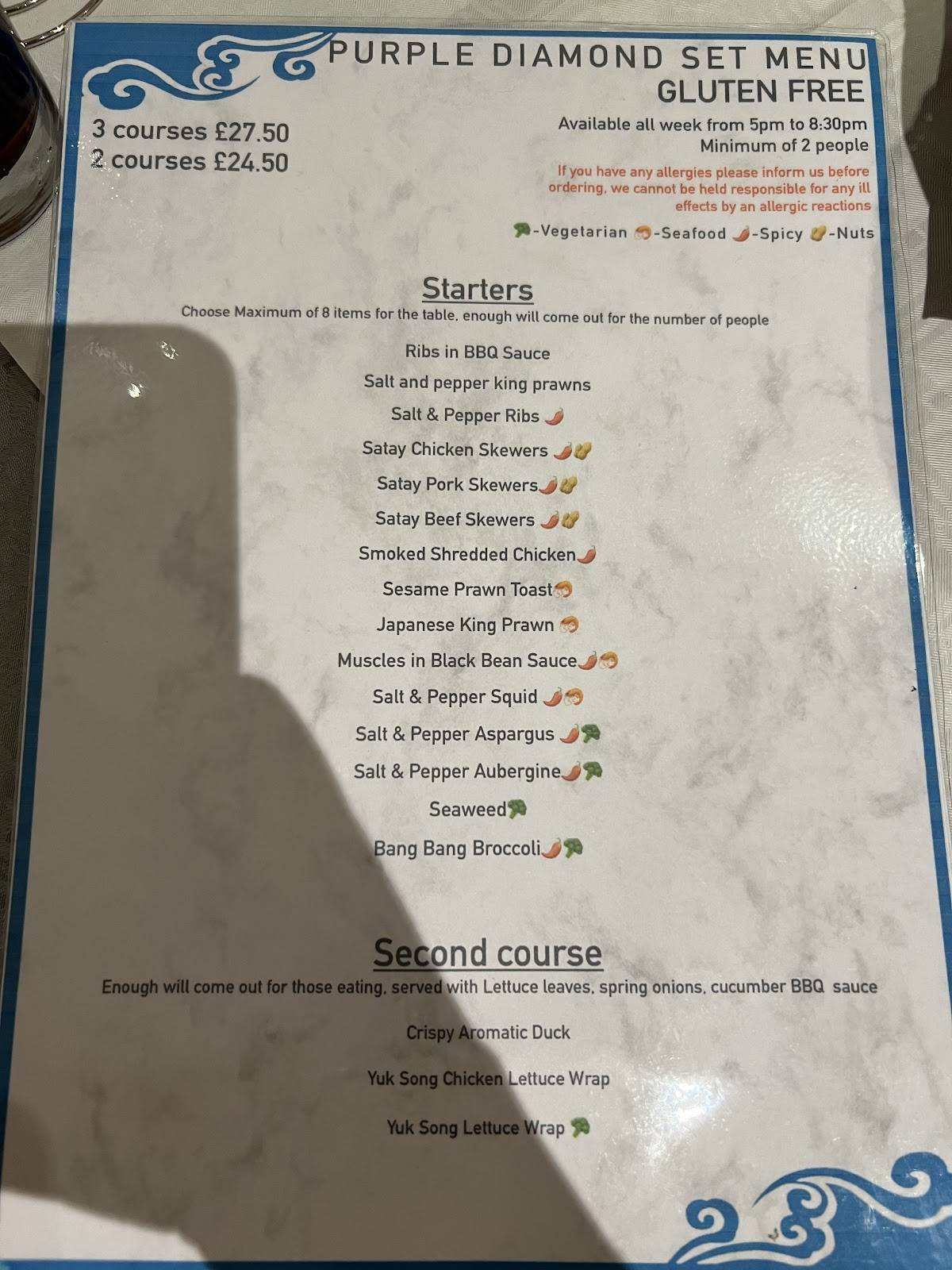 Menu at Purple Diamond restaurant, March